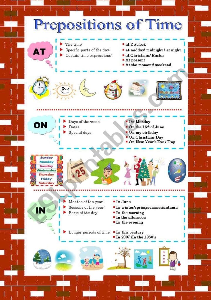 Prepositions Of Time Printable Activities - Creative Printable